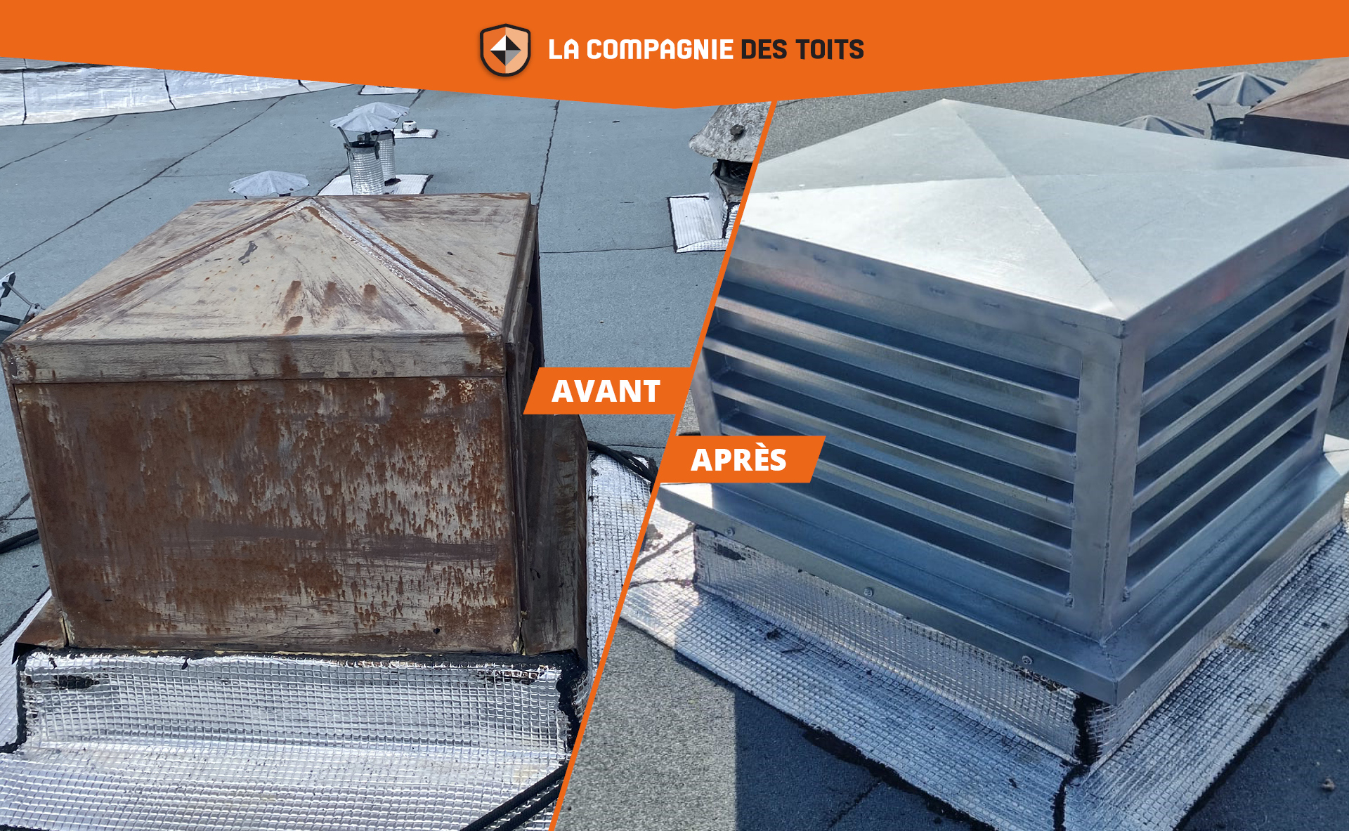 Changement d’une tourelle d’extraction rouillée sur un toit plat à ...